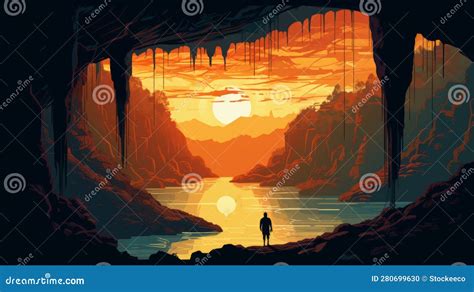 Realistic Sunset Illustration Of An Underground Cave Filled With People Stock Illustration