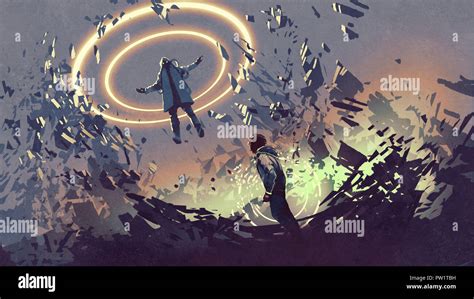 Sci Fi Scene Showing Fight Of Two Futuristic Men With Magics Digital