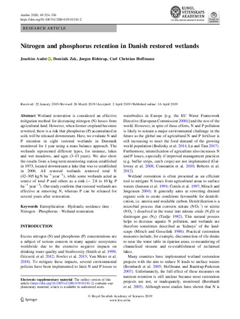 Pdf Nitrogen And Phosphorus Retention In Danish Restored Wetlands