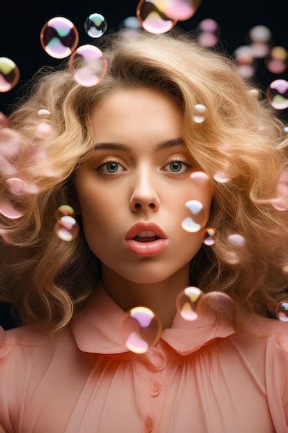 Premium Photo Woman With Blonde Hair Blowing Bubbles In The Air With