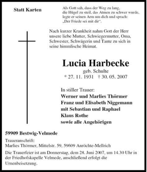 Traueranzeigen Von Lucia Harbecke Trauer In Nrwde