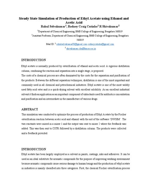 Steady State Simulation Of Production Of Ethyl Acetate Using Ethanol