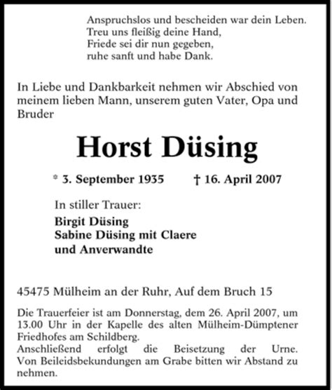 Traueranzeigen Von Horst Düsing Trauer In Nrwde