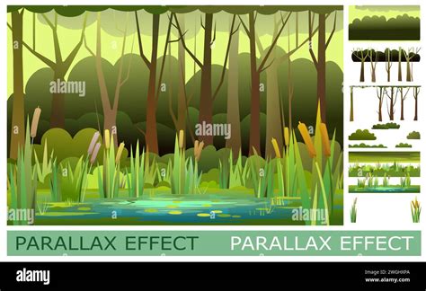 Swamp In Forest Set Of Slides For Parallax Effect Funny Cartoon Style