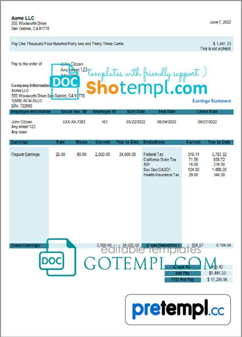 Joyful Start Pay Stub Example In Word And PDF Format Pretempl