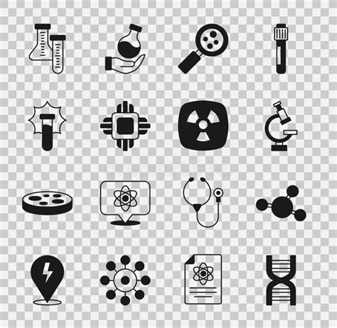 Set Dna Symbol Molecule Microscope Microorganisms Under Magnifier Processor Cpu Explosion