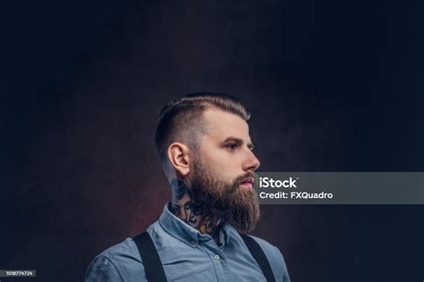 블루 셔츠와 멜 빵에 잘생긴 구식 Hipster의 프로필입니다 갈색 머리에 대한 스톡 사진 및 기타 이미지 갈색 머리 고풍