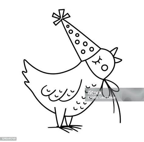 생일 모자에 벡터 귀여운 흑백 노래 치킨 카드 포스터 인쇄 디자인에 대한 재미있는 Bday 새 아이들을위한 휴일 그림을 간략하게