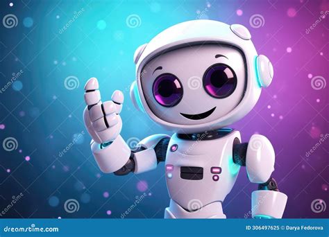 Smiling Cute Little Robot With Big Eyes Welcomes At Pastel Gradient Background Stock