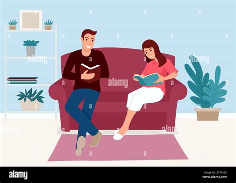 Simple Flat Vector Illustration Of Young Couple Reading Book Together