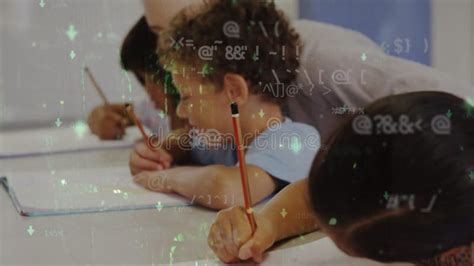 Animation Of Mathematical Symbols And Arrow Down Over Teacher Assisting