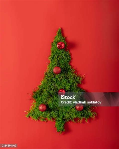 밝은 빨간색 배경에 빨간색 장식이 있는 이끼로 만든 창의적인 크리스마스 트리입니다 크리스마스와 새해의 미니멀리즘 컨셉 Diy에