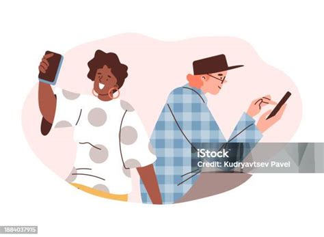 모바일 장치에서 온라인 쇼핑 앉아서 서핑하는 사람들 스마트 폰 채팅 및 쇼핑 플랫 벡터 소매 소비자주의에 대한 스톡 벡터 아트