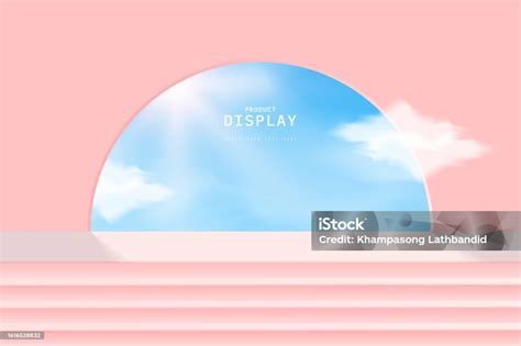 사실적인 분홍색 받침대 연단 계단 사다리와 구름 푸른 하늘 반원 문 모양의 태양이 있는 추상적인 3d 배경 3d 벡터 기하학적 플랫폼 디자인 쇼 제품 화장품을 위한 무대