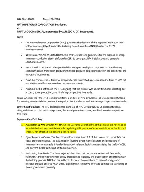 Case 4 Npc V Pinatubo Commercial Pdf Equal Protection Clause