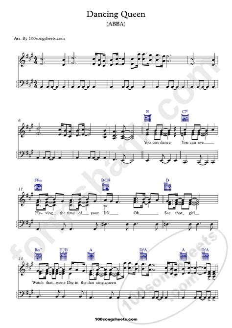 Dancing Queen Abba Sheet Music Printable Pdf Download