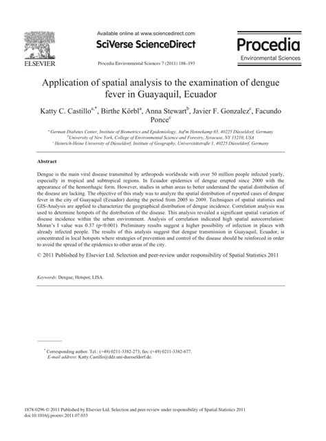PDF Application Of Spatial Analysis To The Examination Of Dengue Fever In Guayaquil Ecuador