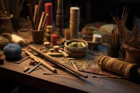 Detail Of Weaving Tools And Materials On A Table Stock Illustration