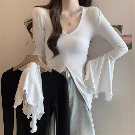 Hot Girl V Neck Flared Sleeve T Shirt Women Slim Fit Slimmer Look Split
