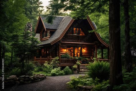 A Serene Log Cabin Nestled In The Middle Of A Lush Forest Offering A
