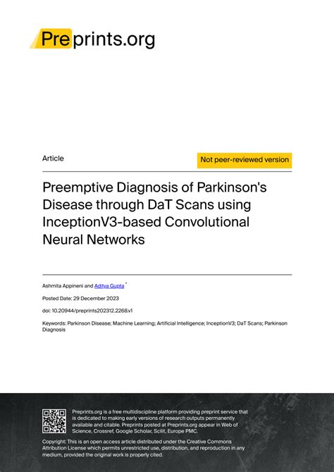 Pdf Preemptive Diagnosis Of Parkinsons Disease Through Dat Scans Using Inceptionv3 Based