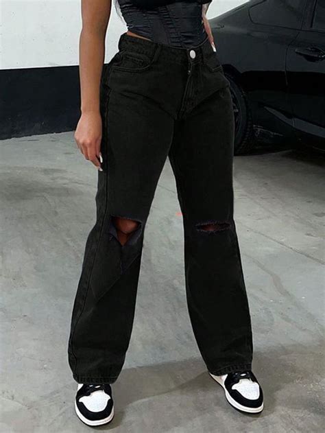Jean Droit Dinspiration De Rue Déchiré Aux Genoux Pour Femmes Jeans