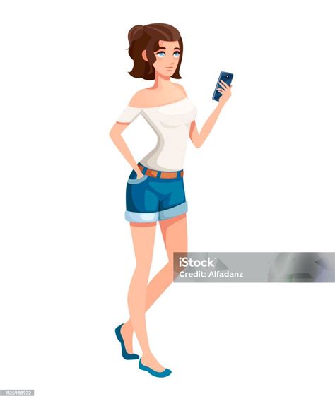 아름 다운 여 자가 서 스마트폰으로 만화 캐릭터 디자인입니다 화이트 톱과 블루 반바지와 함께 여성입니다 흰색 배경에 고립 된