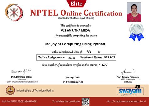 Completed The Joy Of Computing Using Python Course And Earned My Nptel