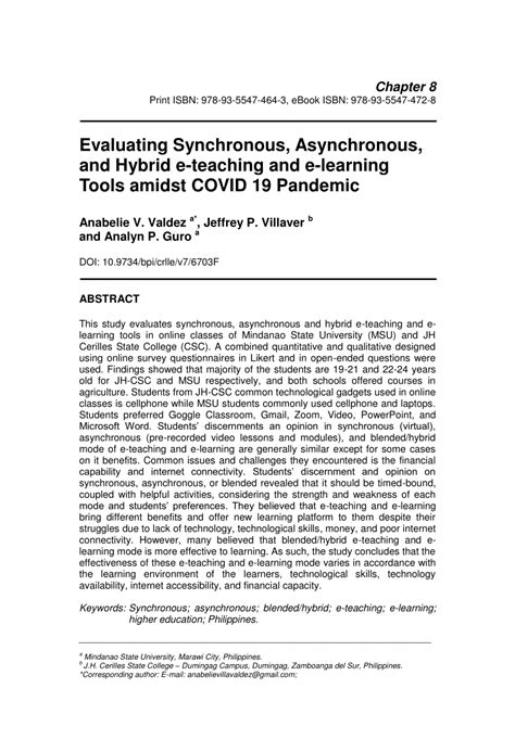 Pdf Evaluating Synchronous Asynchronous And Hybrid E Teaching And E Learning Tools Amidst