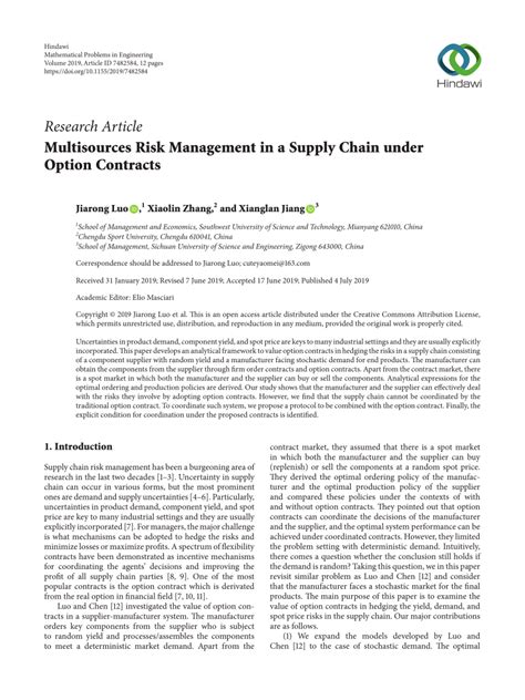 Pdf Multisources Risk Management In A Supply Chain Under Option Contracts