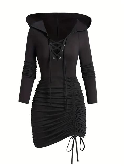 Cross Tie Drawstring Ruched Hooded Tunics Versatile Long Temu