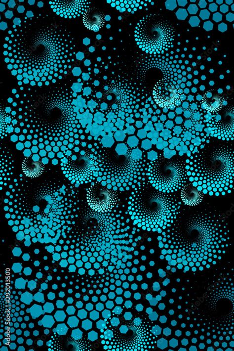 Abstract Seamless Black And Blue Geometric Pattern With Hexagons Spiral Like Spotted Curles