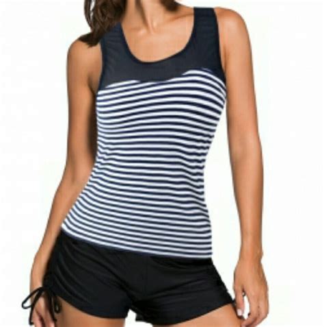 Tops Navy White Stripe Print Mesh Splice Tankini Top Poshmark