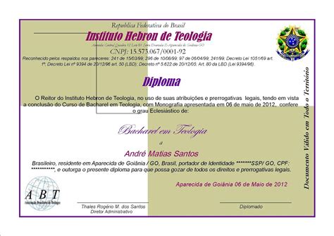 Instituto Hebron De Teologia Modelo Dos Certificados Do Instituto