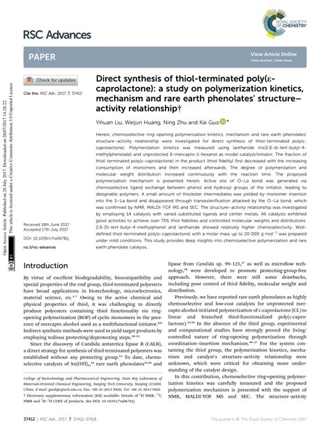 Pdf Direct Synthesis Of Thiol Terminated Polyϵ Caprolactone A