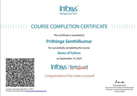 Prithinga Senthilkumar On Linkedin Pythoncourse Infosysspringboard Programmingjourney