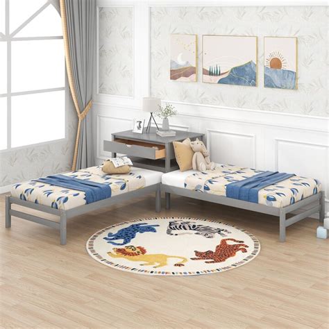 Edwinray Twin Size L Shaped Platform Beds With Drawer Linked Built In