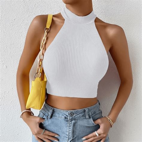 Ribbed Halter Crop Top Stretch Knit Sleeveless High Neck Knit Tank
