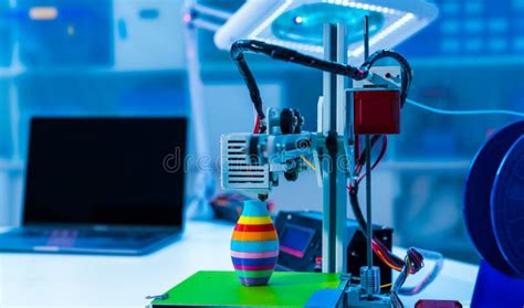 3d printer with a printed model on a computer table in a laboratory