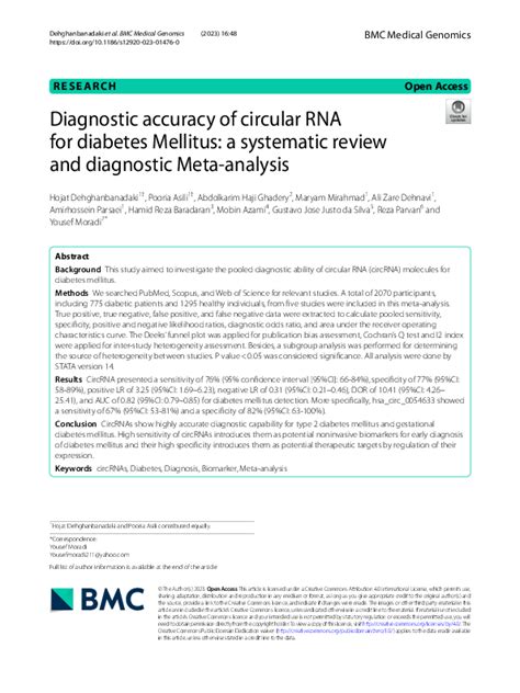 Pdf Diagnostic Accuracy Of Circular Rna For Diabetes Mellitus A Systematic Review And
