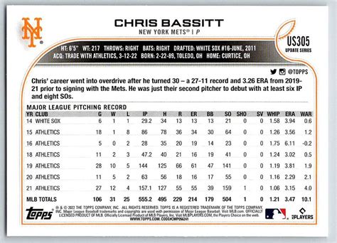2022 Topps Update Chris Bassitt New York Mets Us305 Ebay