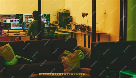 premium photo developer back or computer screen in neon programming