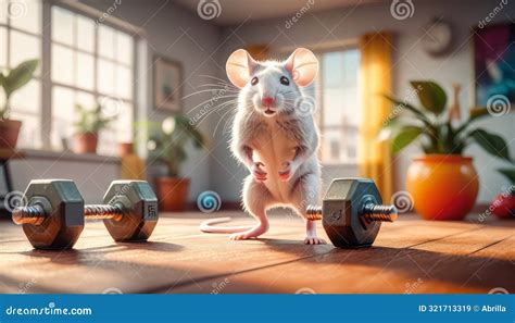 Cheerful Positive Cute Little Mouse Playing Sports In The Gym Working
