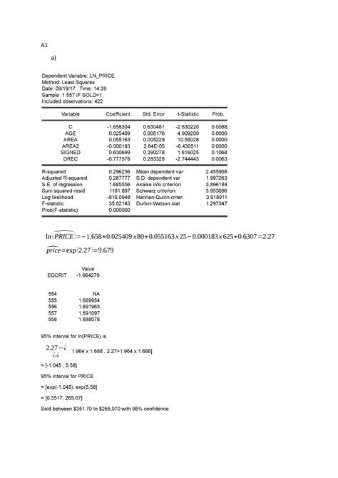 qm2 week 9 tute answers a1 a dependent variable ln price method
