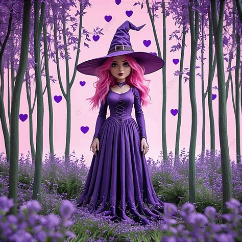 The Witch Is Standing In A Forest Of Tall Skinny Trees With Purple