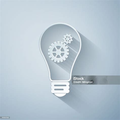 종이 는 회색 배경에 격리 아이콘 내부 전구와 기어를 잘라 혁신 개념 종이 아트 스타일입니다 벡터 일러스트레이션 3차원 형태에 대한 스톡 벡터 아트 및 기타 이미지 Istock