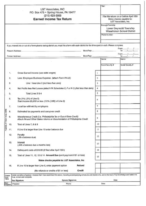 Earned Income Tax Return State Of Pennsylvania Printable Pdf Download
