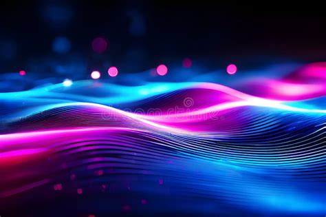Abstract Neon Waveforms With Vibrant Blue Light Trails In A Futuristic Digital Landscape Stock
