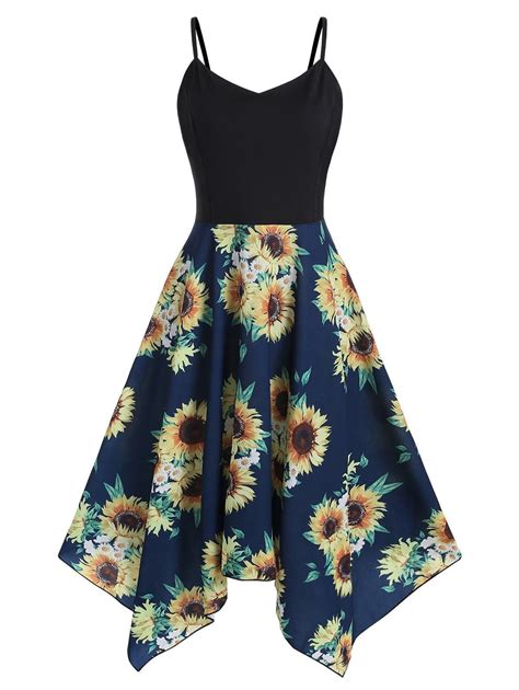 Sunflower Print Handkerchief Plus Size Midi Dress Use Code：rgiwd With