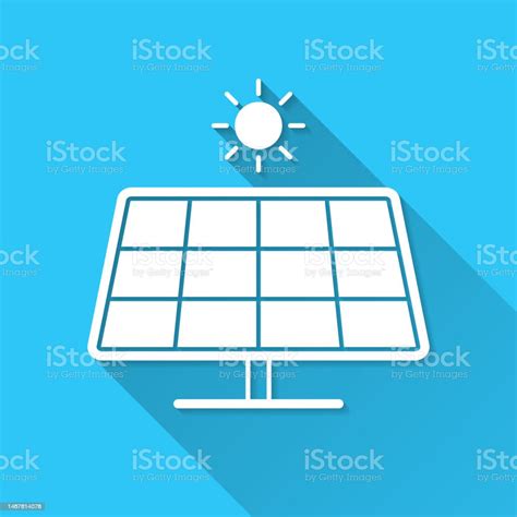 태양을 가진 태양 전지판 파란색 배경에 아이콘 긴 그림자가 있는 평면 디자인 3차원 형태에 대한 스톡 벡터 아트 및 기타 이미지 3차원 형태 개념 그림자 Istock
